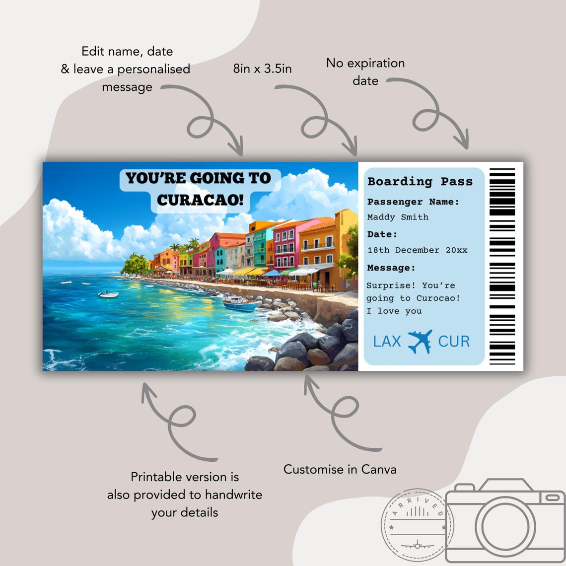 Boarding Pass Curacao, Surprise Boarding Pass Template, Curacao Trip ...