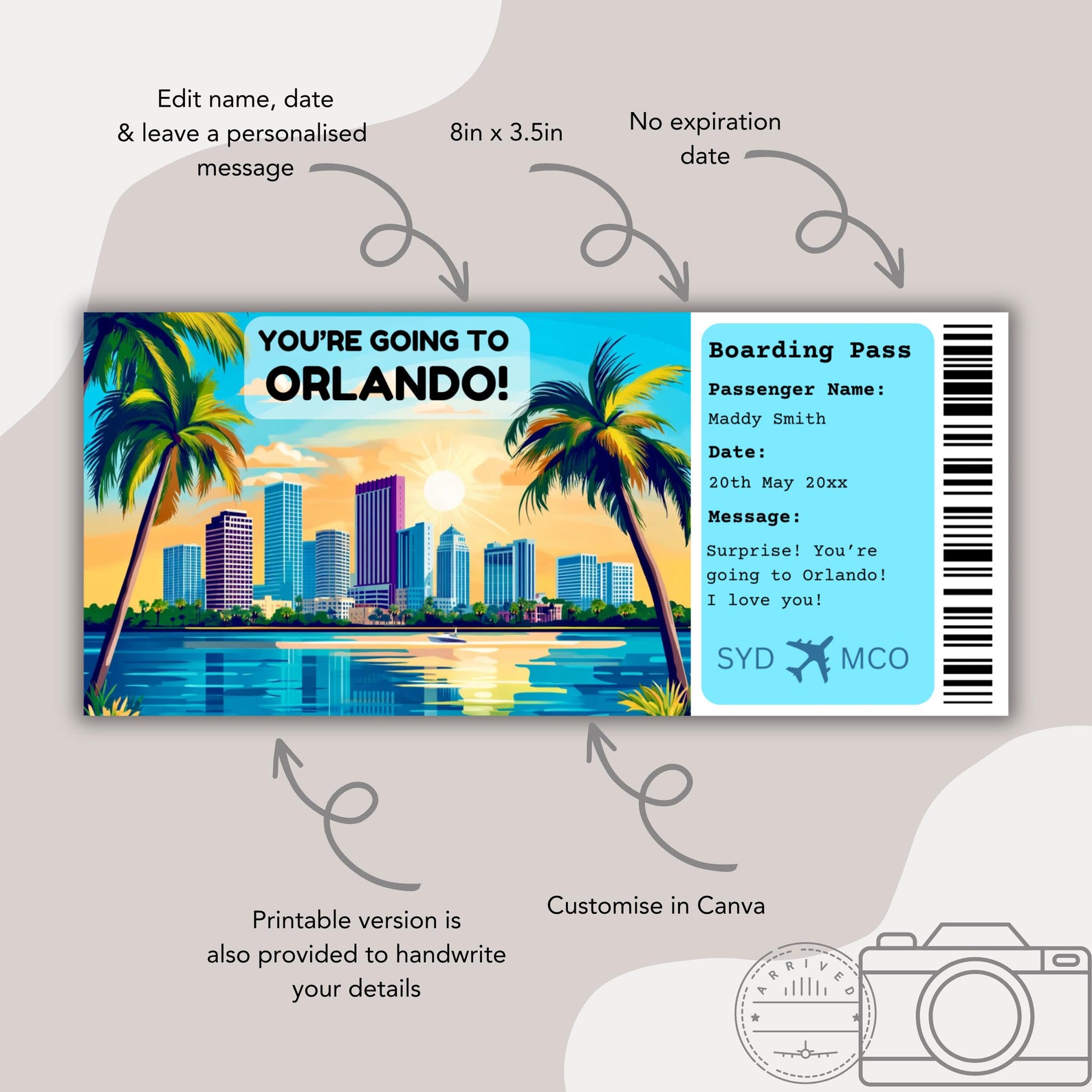 Boarding Pass Orlando, Surprise Boarding Pass Template, Florida Trip ...