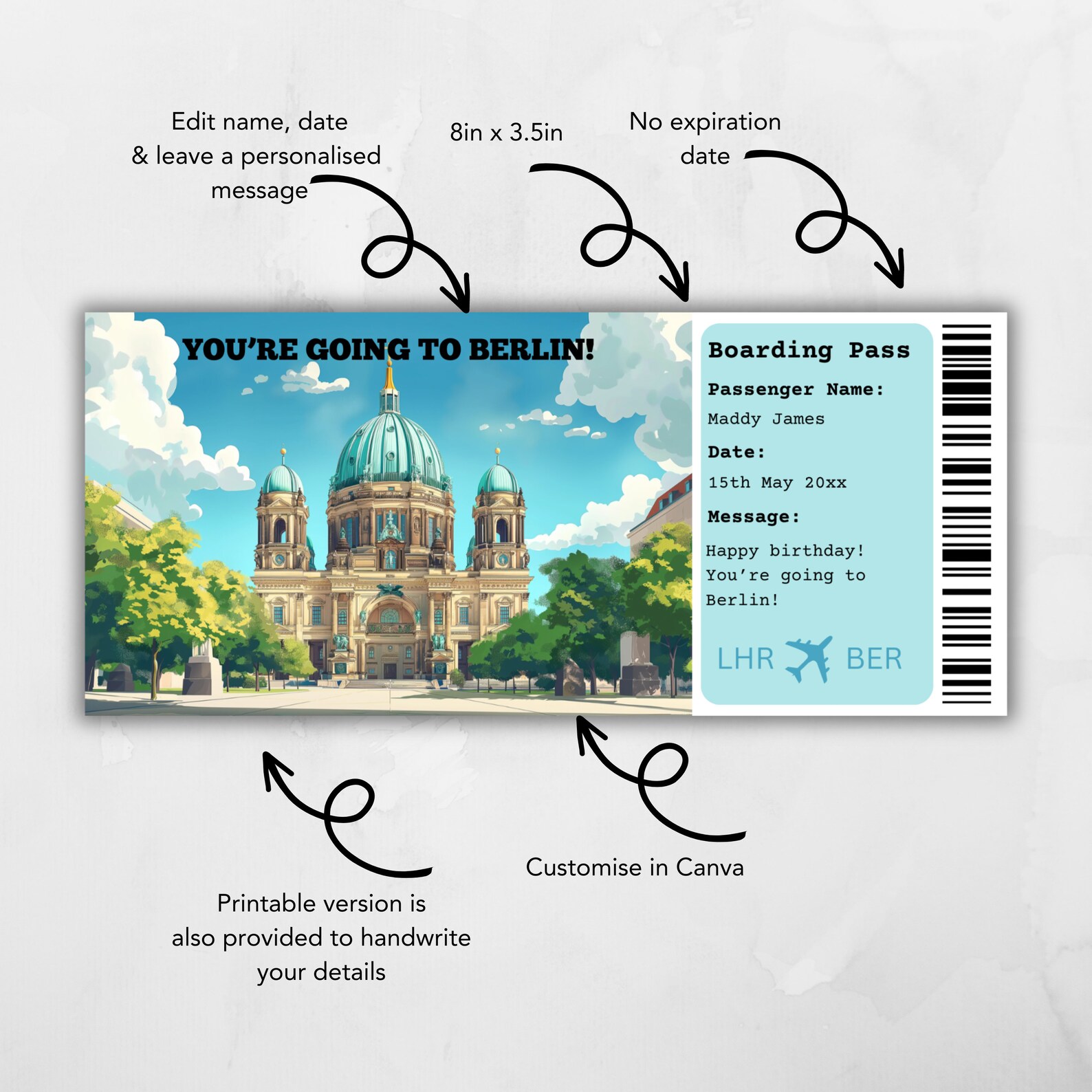 Berlin Surprise Trip Boarding Pass – Editable Printable Ticket Template ...