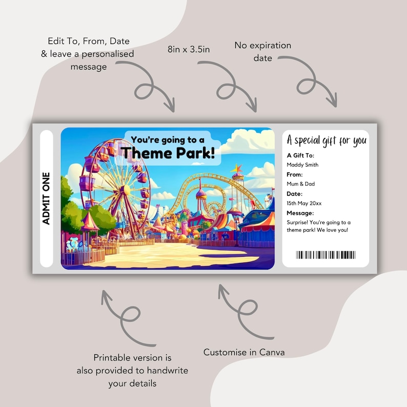 Theme Park Gift Ticket, Surprise Theme Park Gift Voucher, Surprise ...