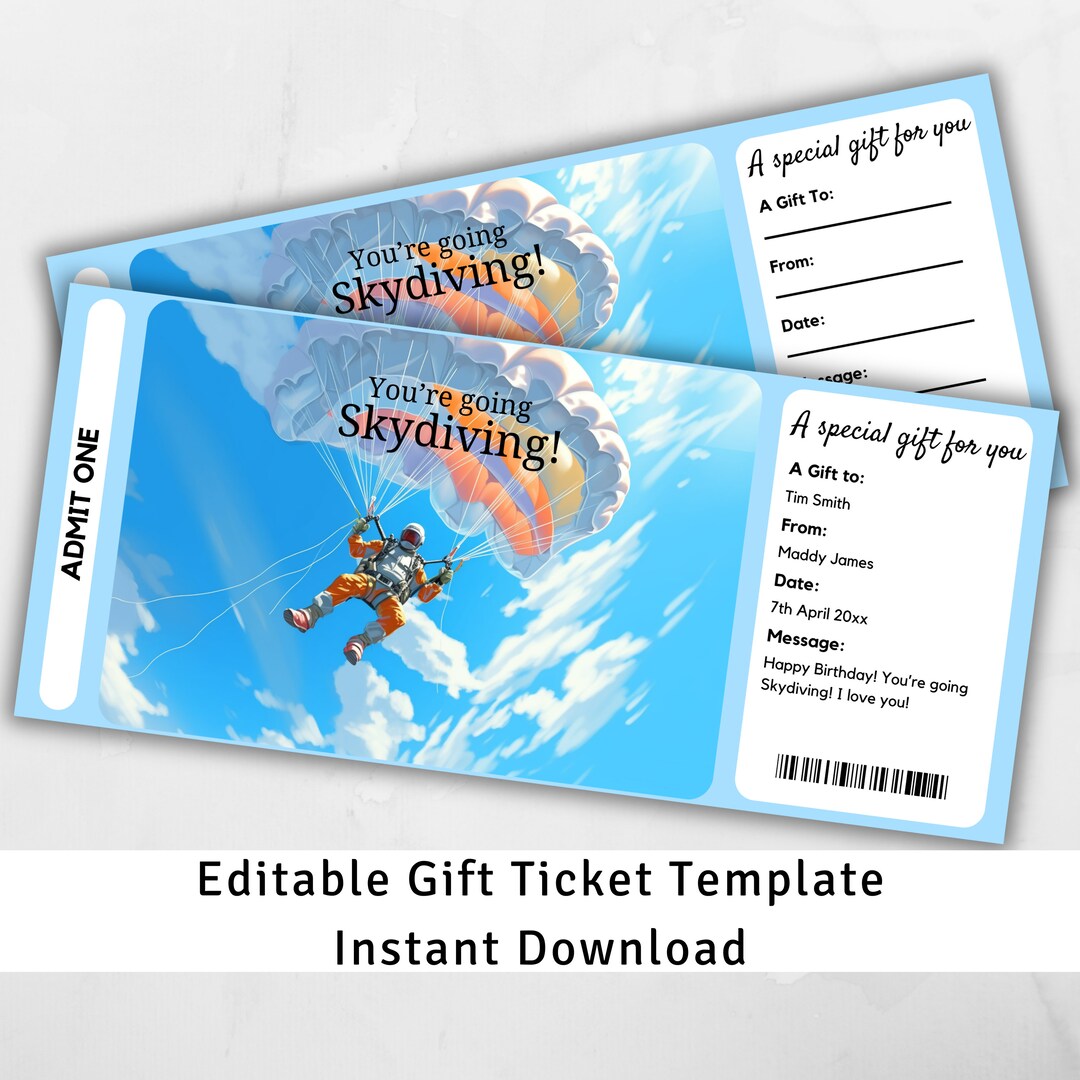 Skydiving Gift Ticket, Skydiving Gift Voucher, Surprise Ticket Reveal ...