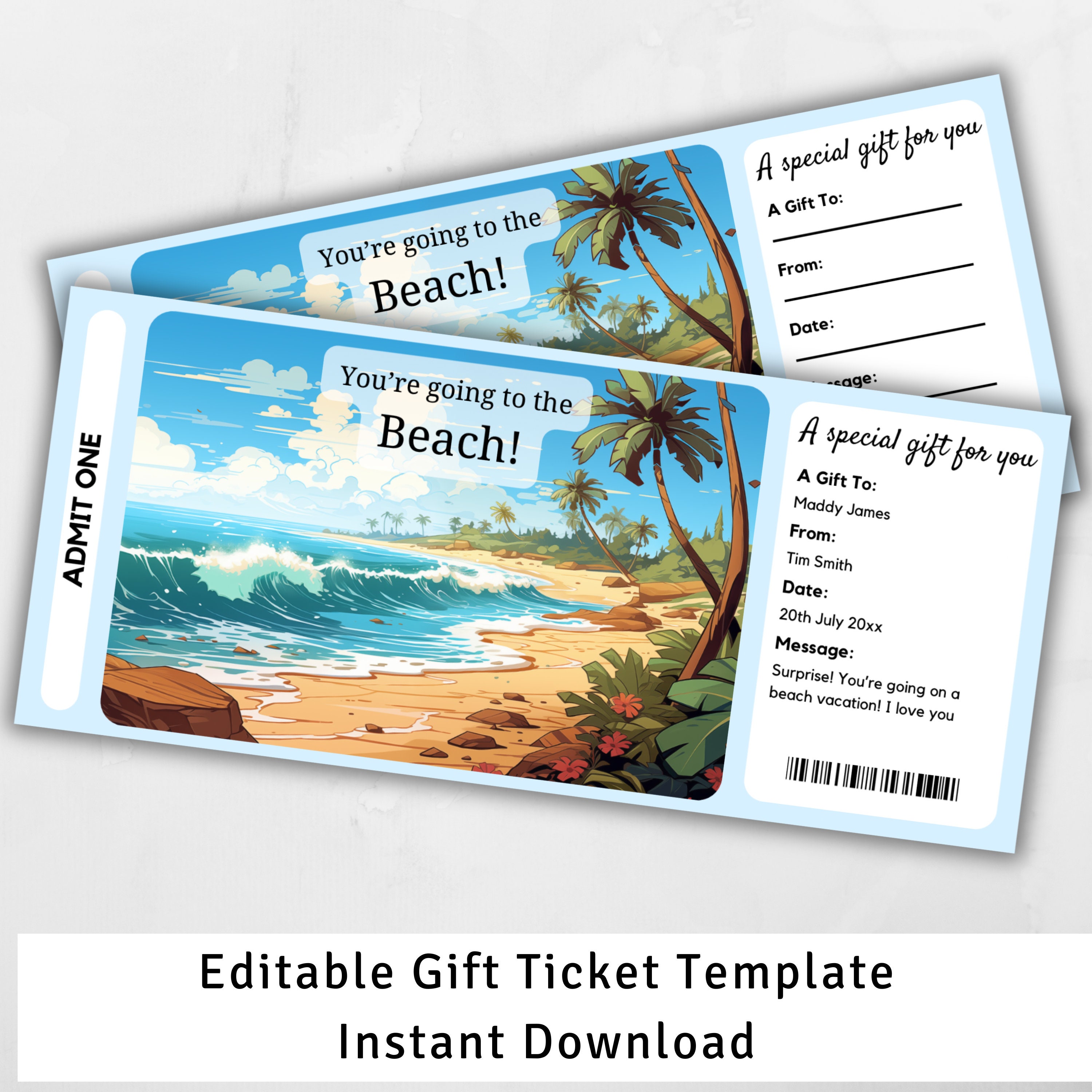 Beach Gift Ticket, Surprise Trip Gift Voucher, Surprise Ticket Reveal ...