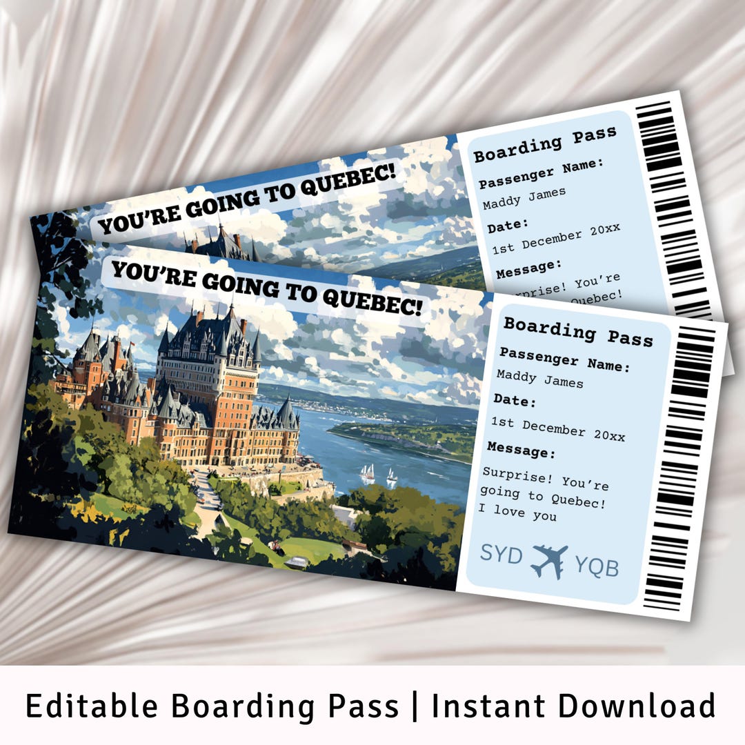 Quebec Surprise Trip Boarding Pass – Editable Printable Ticket Template ...