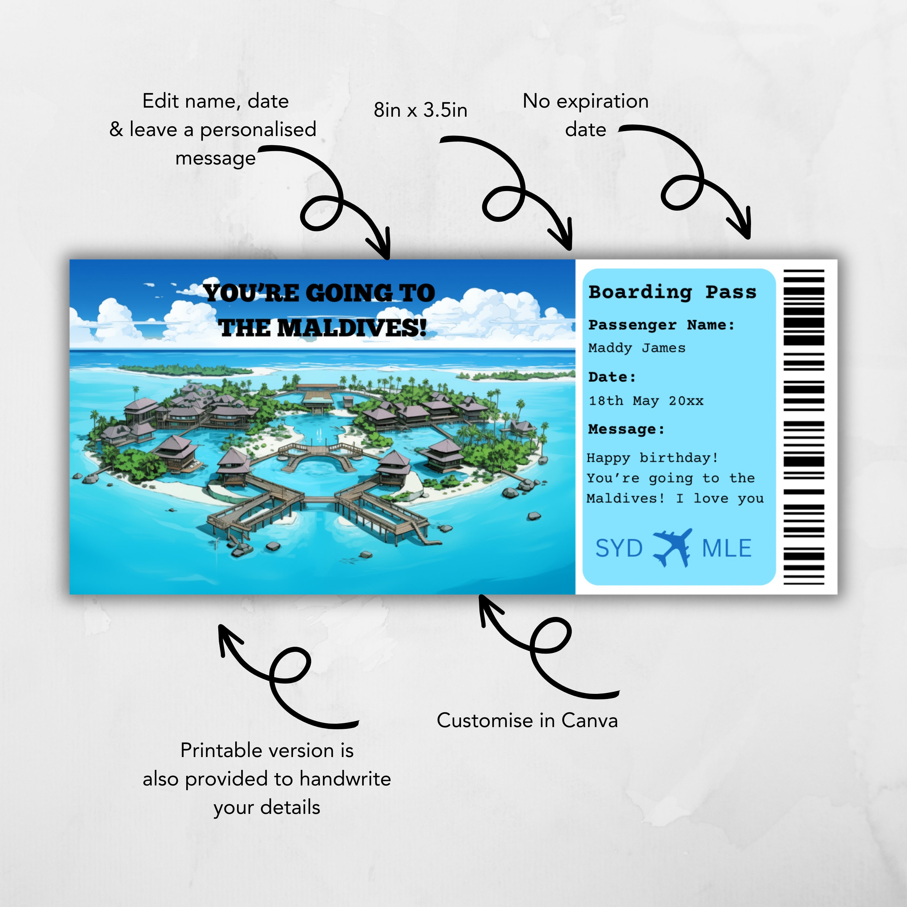 Boarding Pass Maldives, Surprise Boarding Pass Template, Maldives Trip ...