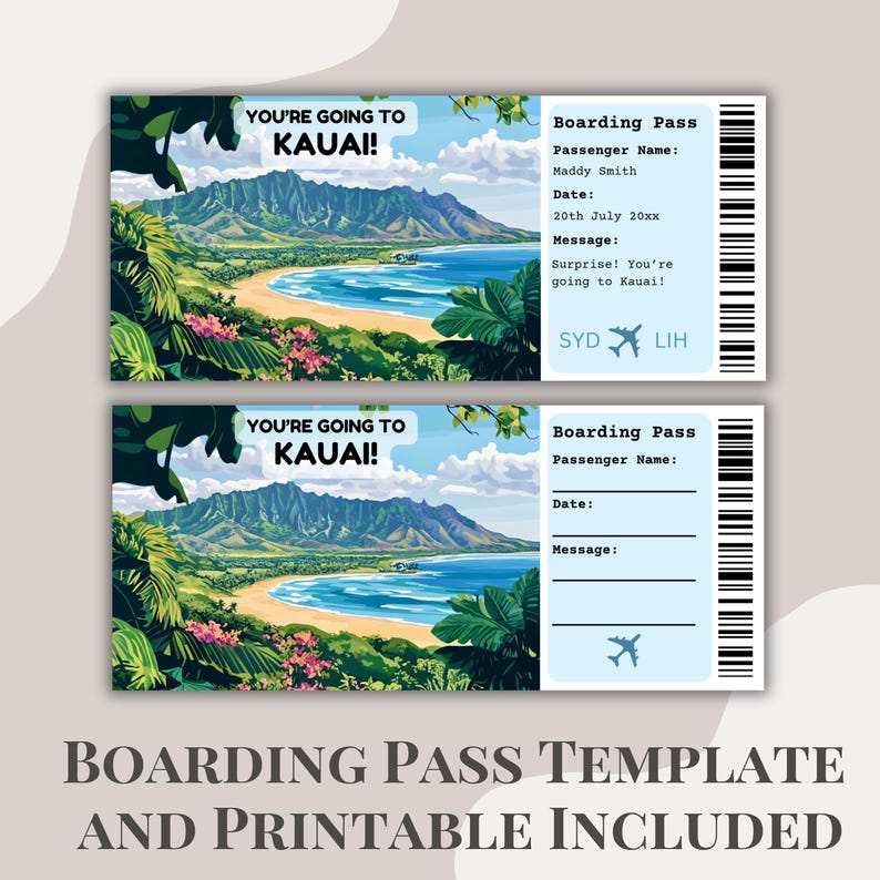 Boarding Pass Kauai, Surprise Trip to Hawaii, Surprise Boarding Pass ...