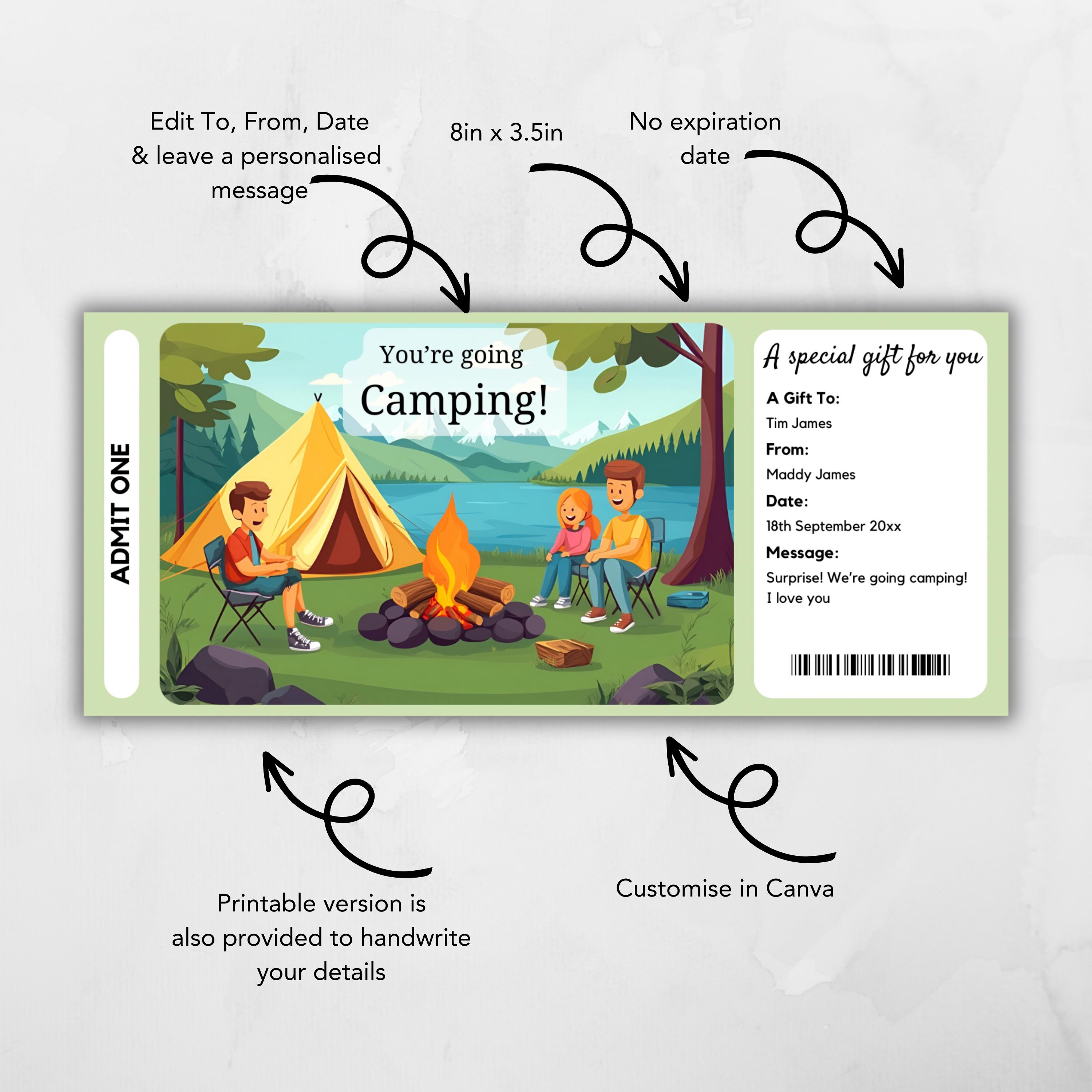 Camping Gift Ticket, Camping Voucher, Surprise Ticket Reveal, Surprise ...