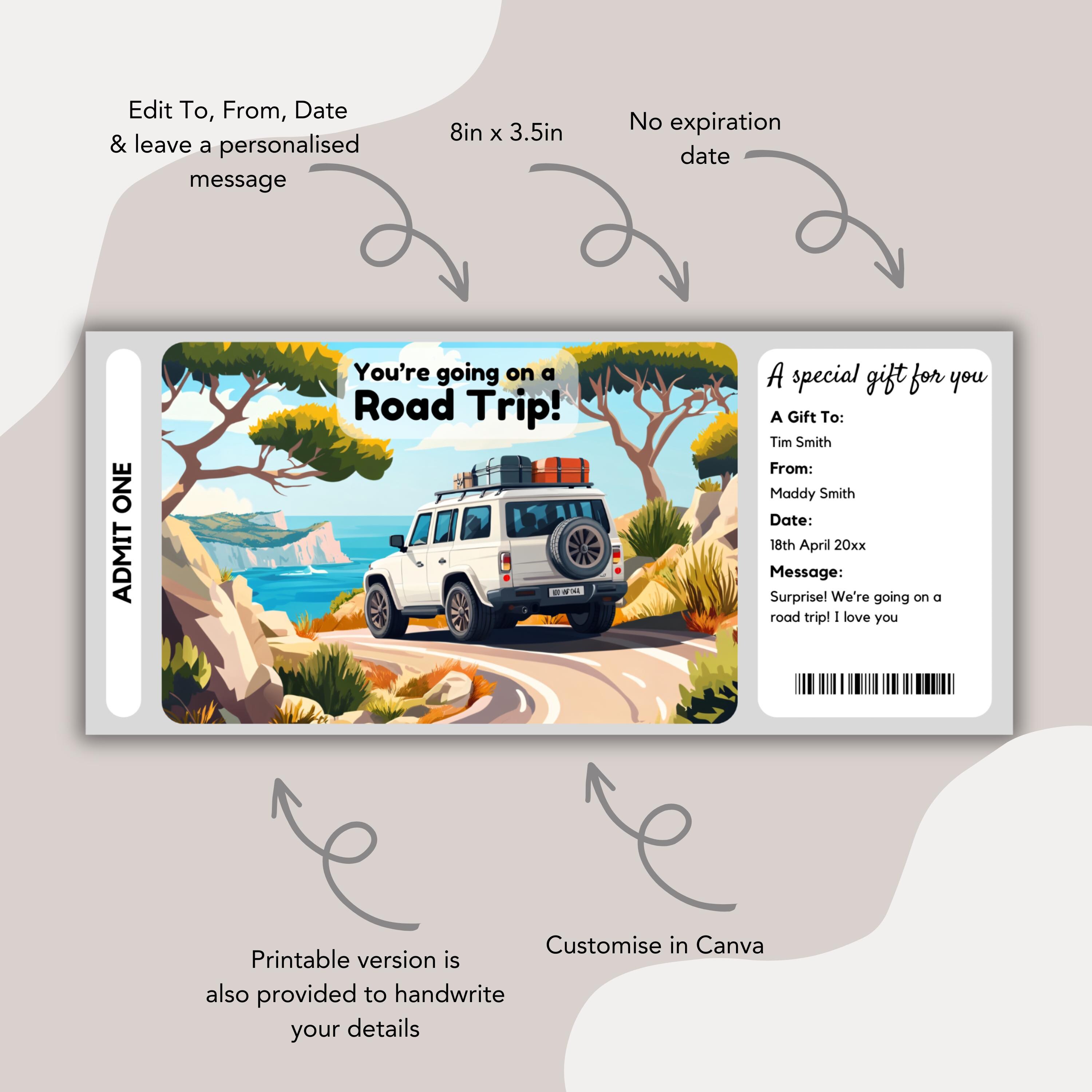 Road Trip Gift Ticket, Surprise Trip Gift Voucher, Surprise Ticket ...