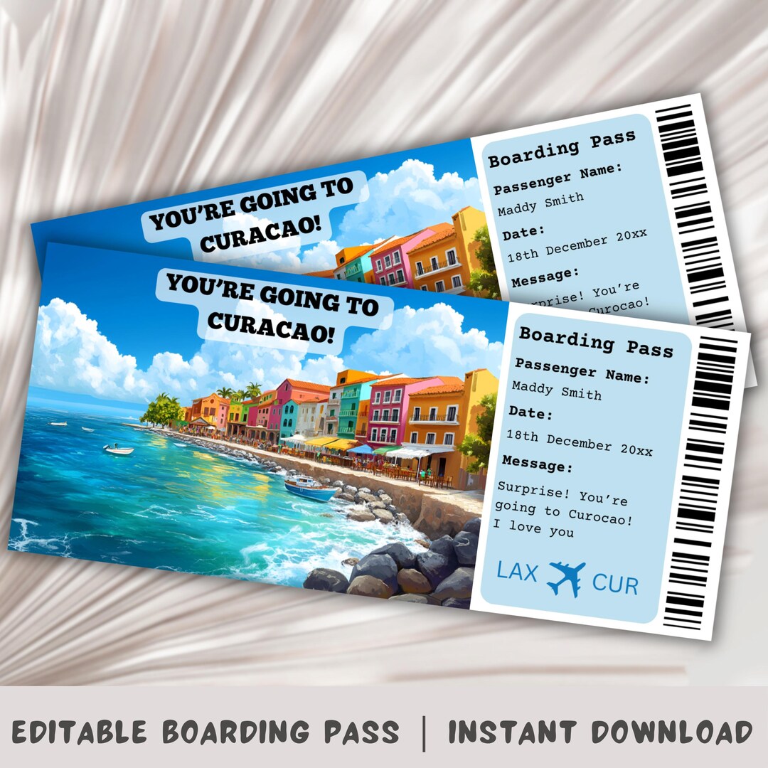 Boarding Pass Curacao, Surprise Boarding Pass Template, Curacao Trip ...