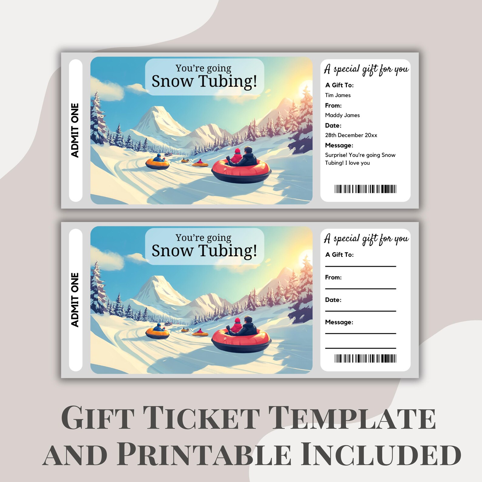 Snow Tubing Gift Ticket, Snow Trip Voucher, Surprise Ticket Reveal ...