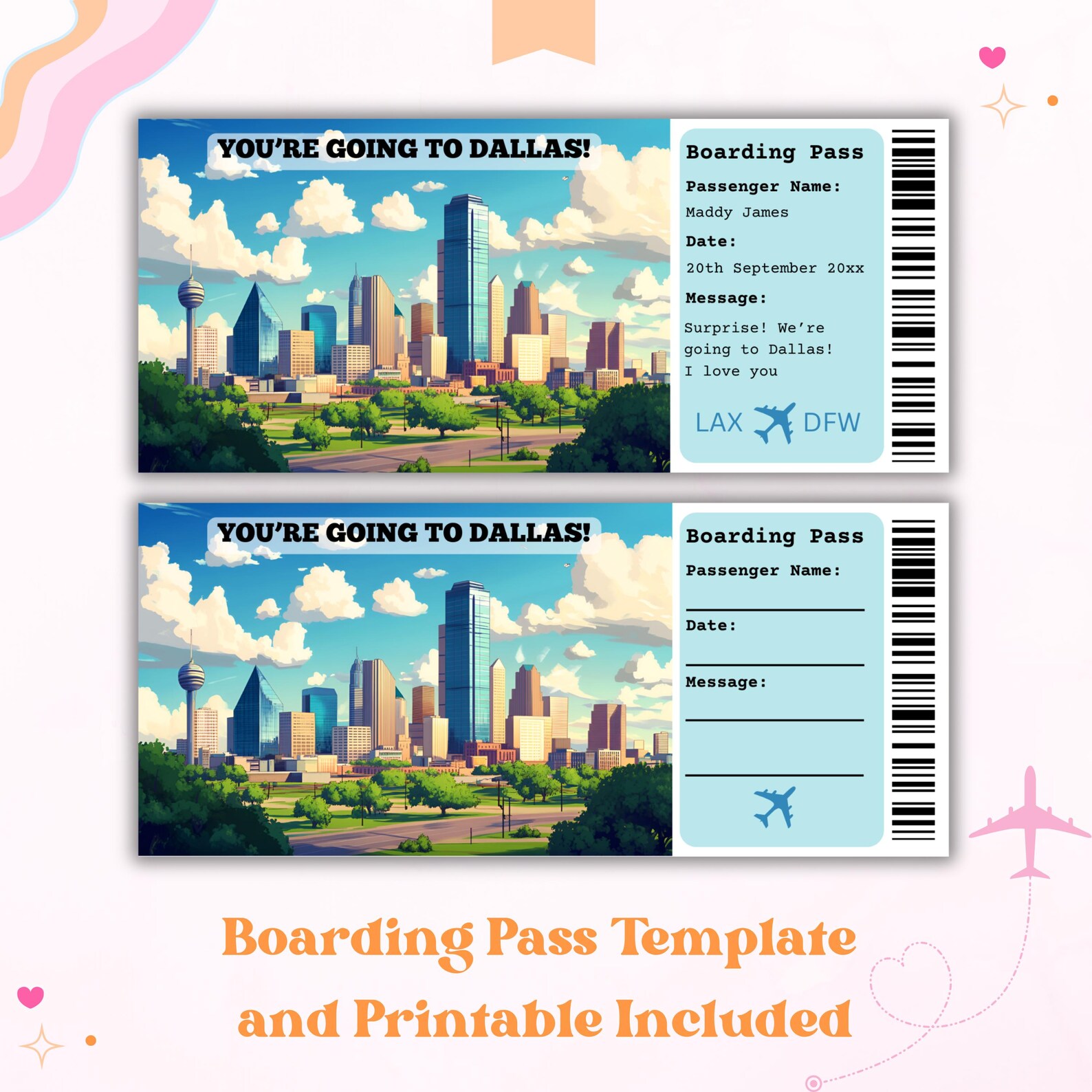 Boarding Pass Dallas, Surprise Dallas Boarding Pass Template, Dallas ...