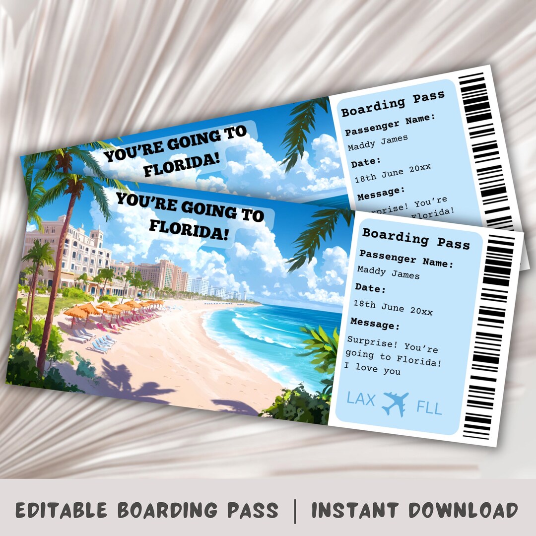 Boarding Pass Florida, Surprise Boarding Pass Template, Florida Trip ...