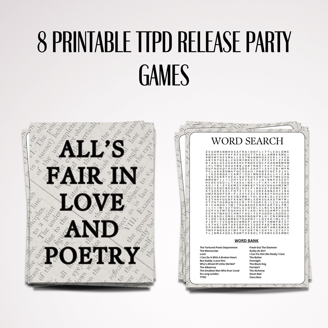 Taylor Swift TTPD Party Printable Games, Tortured Poets Party, Tortured ...