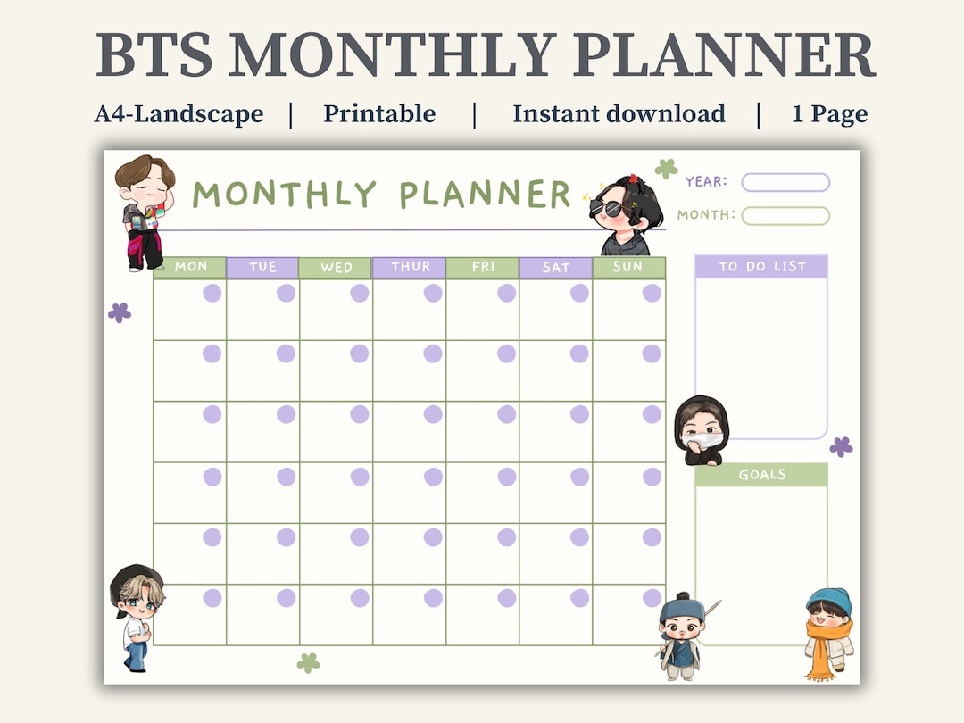BTS Monthly Planner | BTS Stationary | A4-landscape | 1 Page ...