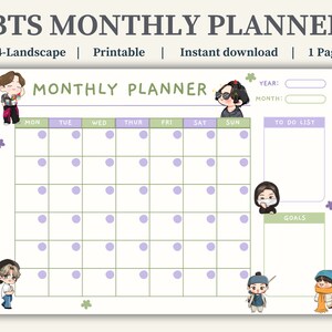 BTS Monthly Planner | BTS Stationary | A4-landscape | 1 Page ...