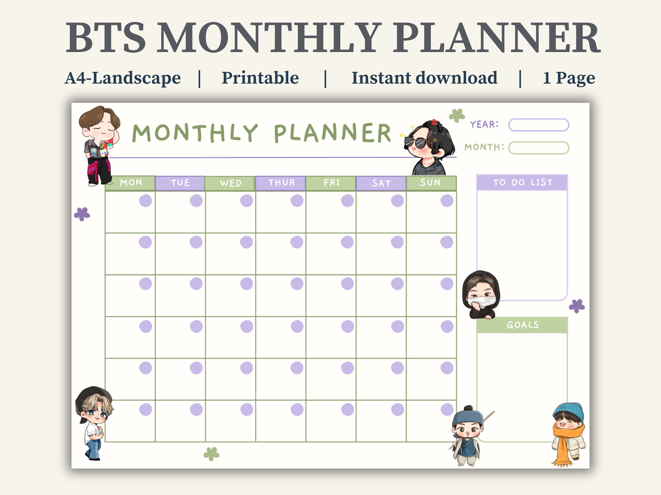 BTS Monthly Planner BTS Stationary A4-landscape 1 Page Printable ...