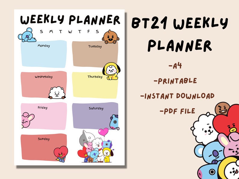 BT21 Weekly Planner BT21 Printable Planner BTS Weekly Planner A4 ...