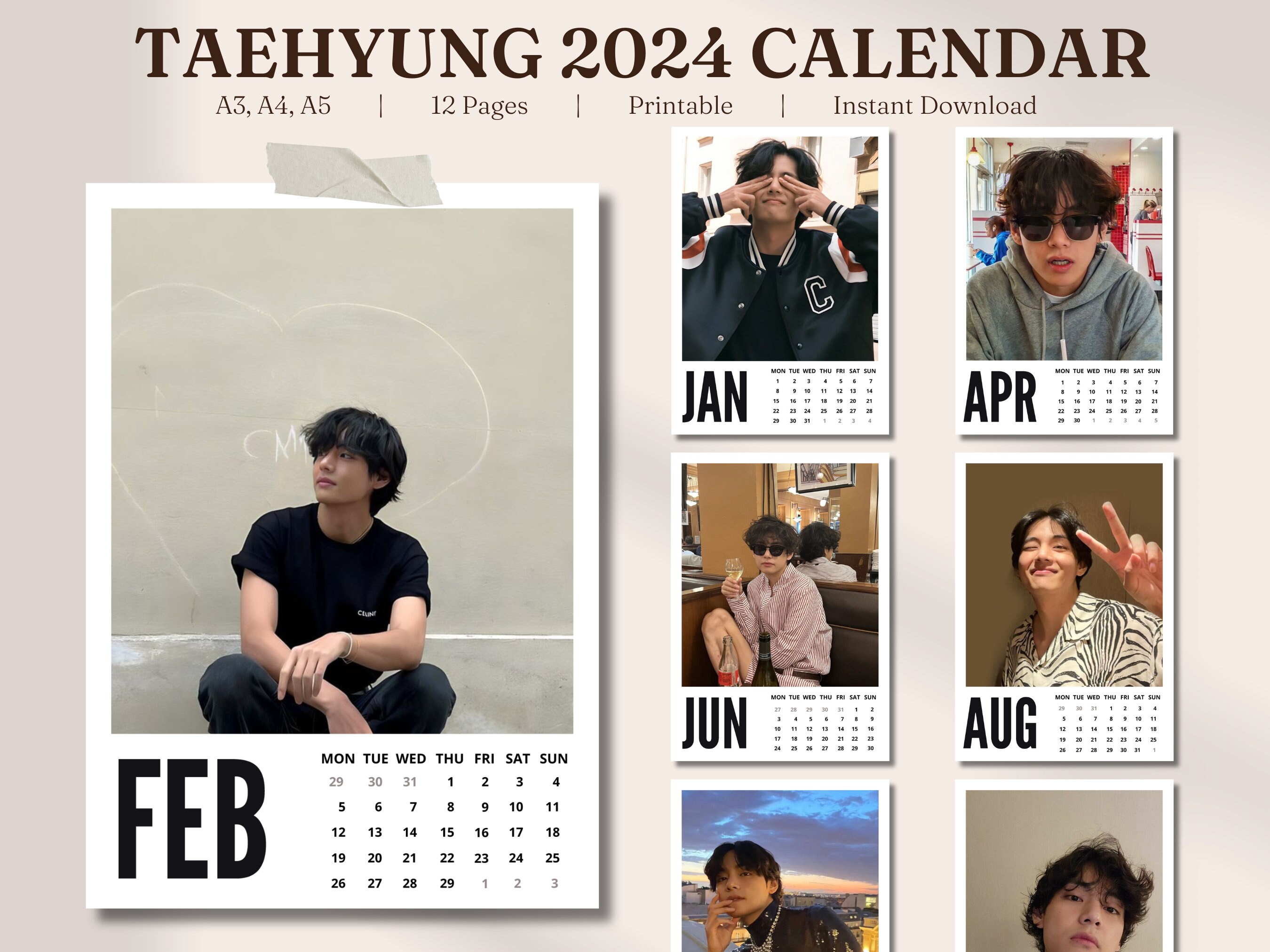 Taehyung Calendar 2024 A3, A4, A5 PDF BTS Digital Calendar Desk and ...
