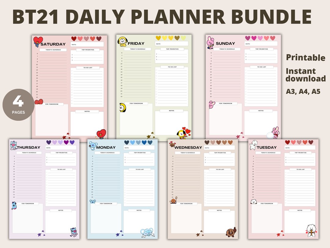 BT21 Daily Planner | BTS Daily Planner | Planner Bundle | A3, A4, A5 | Printable | Instant ...