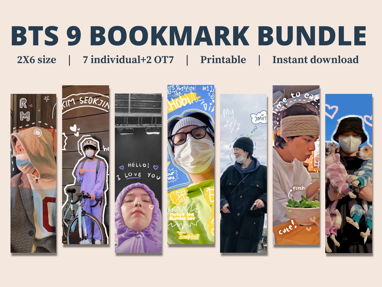 BTS Bookmark Bundle Printable Bookmarks Set of 9 2x6 - Etsy