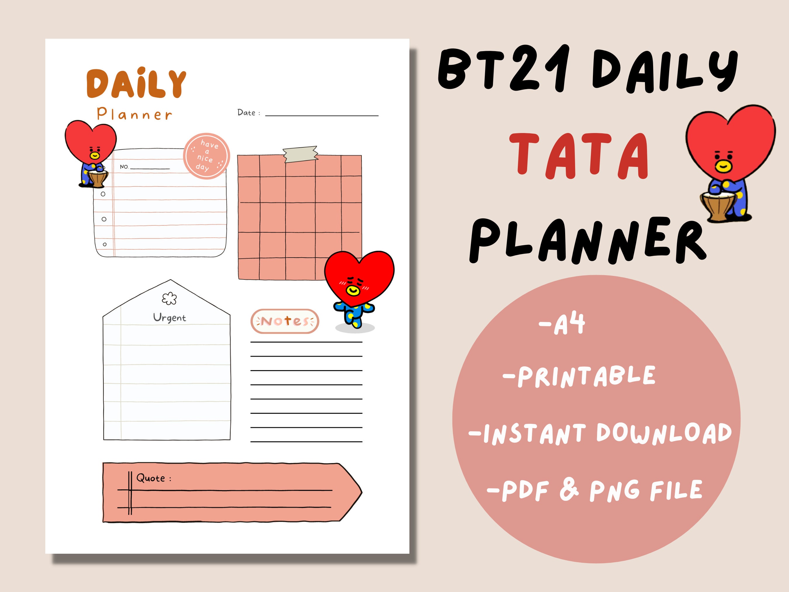 BT21 Daily Planner TATA BTS Daily Planner A4 Printable - Etsy