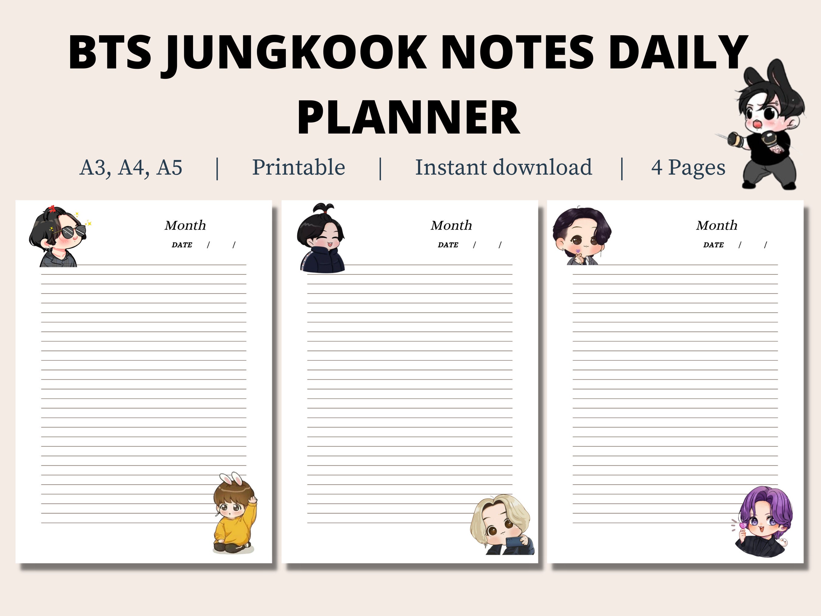 BTS Jungkook Notes Daily Planner BTS Stationary Planner Bundle A3, A4 ...