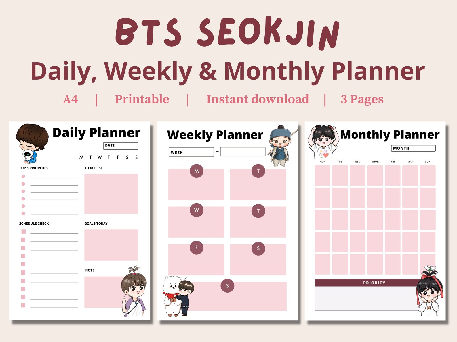 BTS Daily, Weekly Monthly Planner Bundle BTS Stationary Planner Bundle ...
