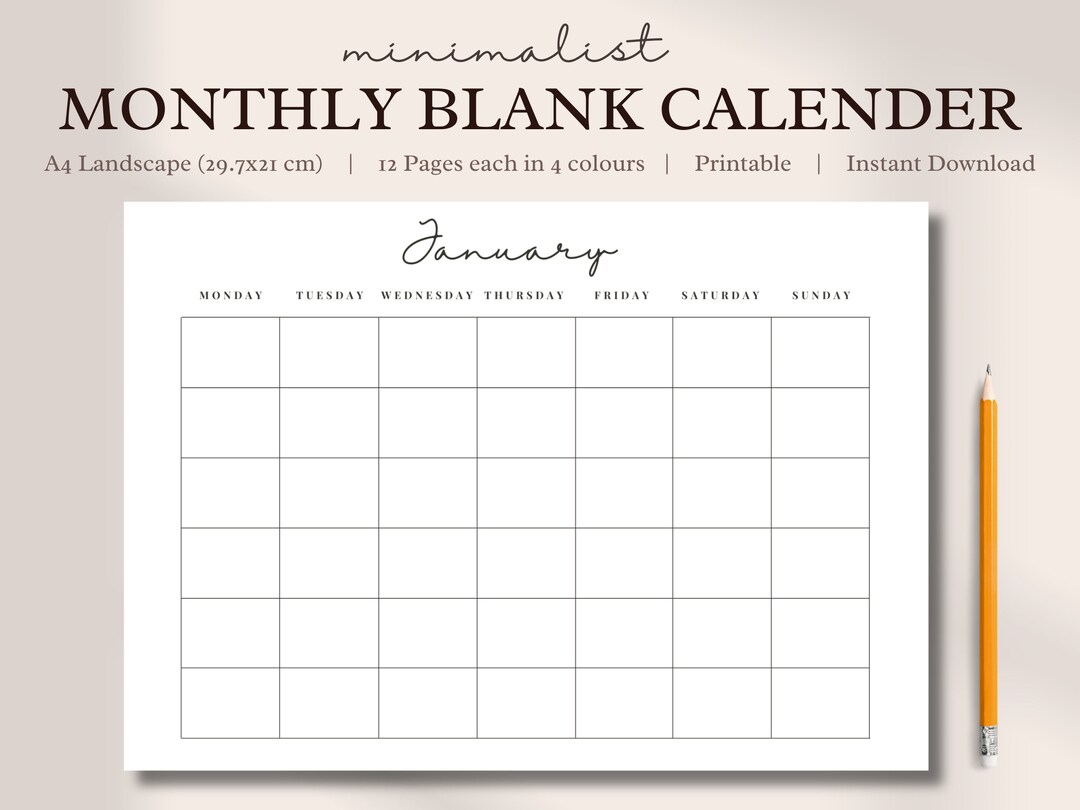 Monthly Blank Calendar | Undated | Minimalist | A4 Landscape | 12 Pages ...