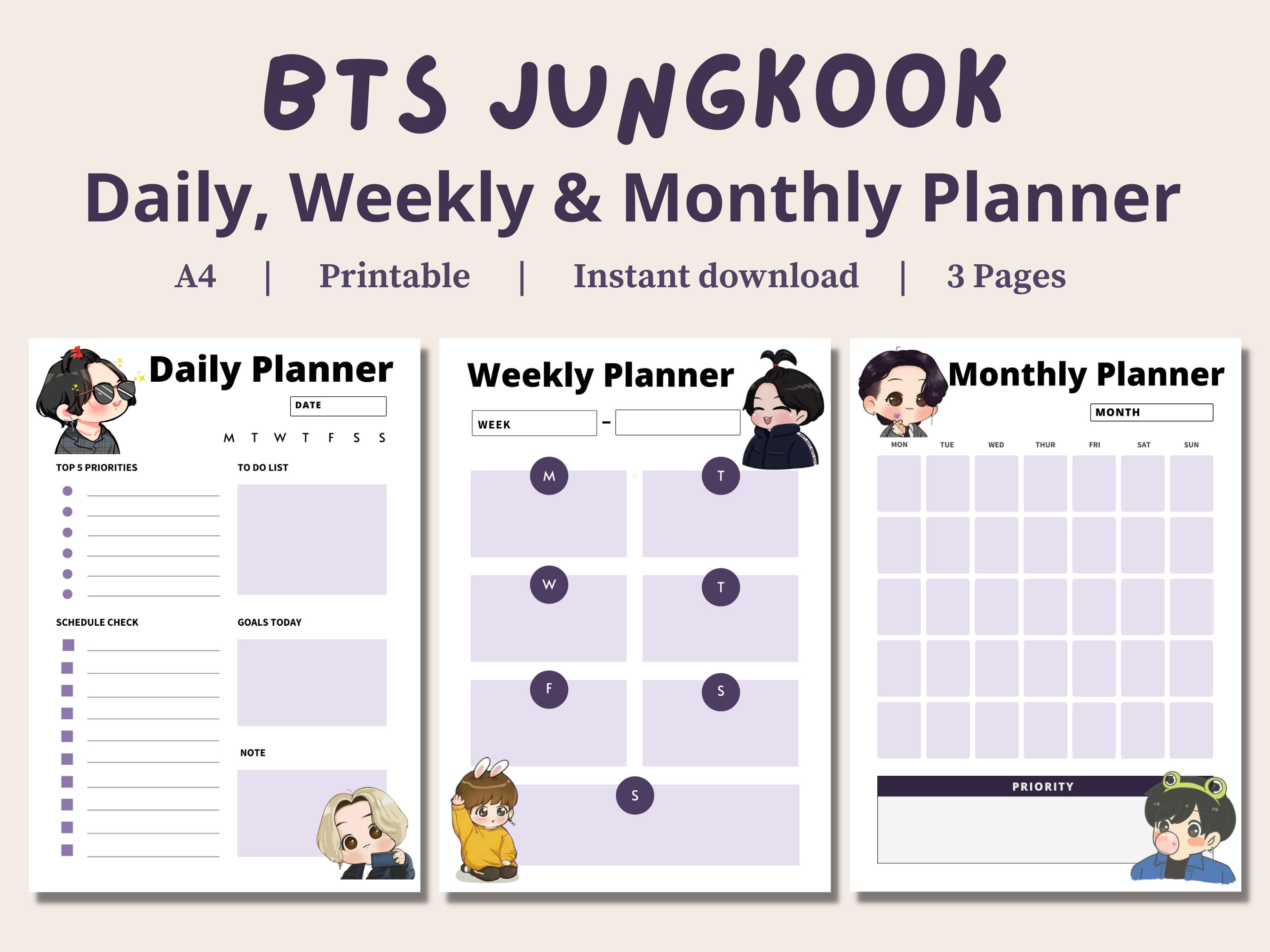 BTS Jungkook Daily, Weekly Monthly Planner BTS Stationary Planner ...