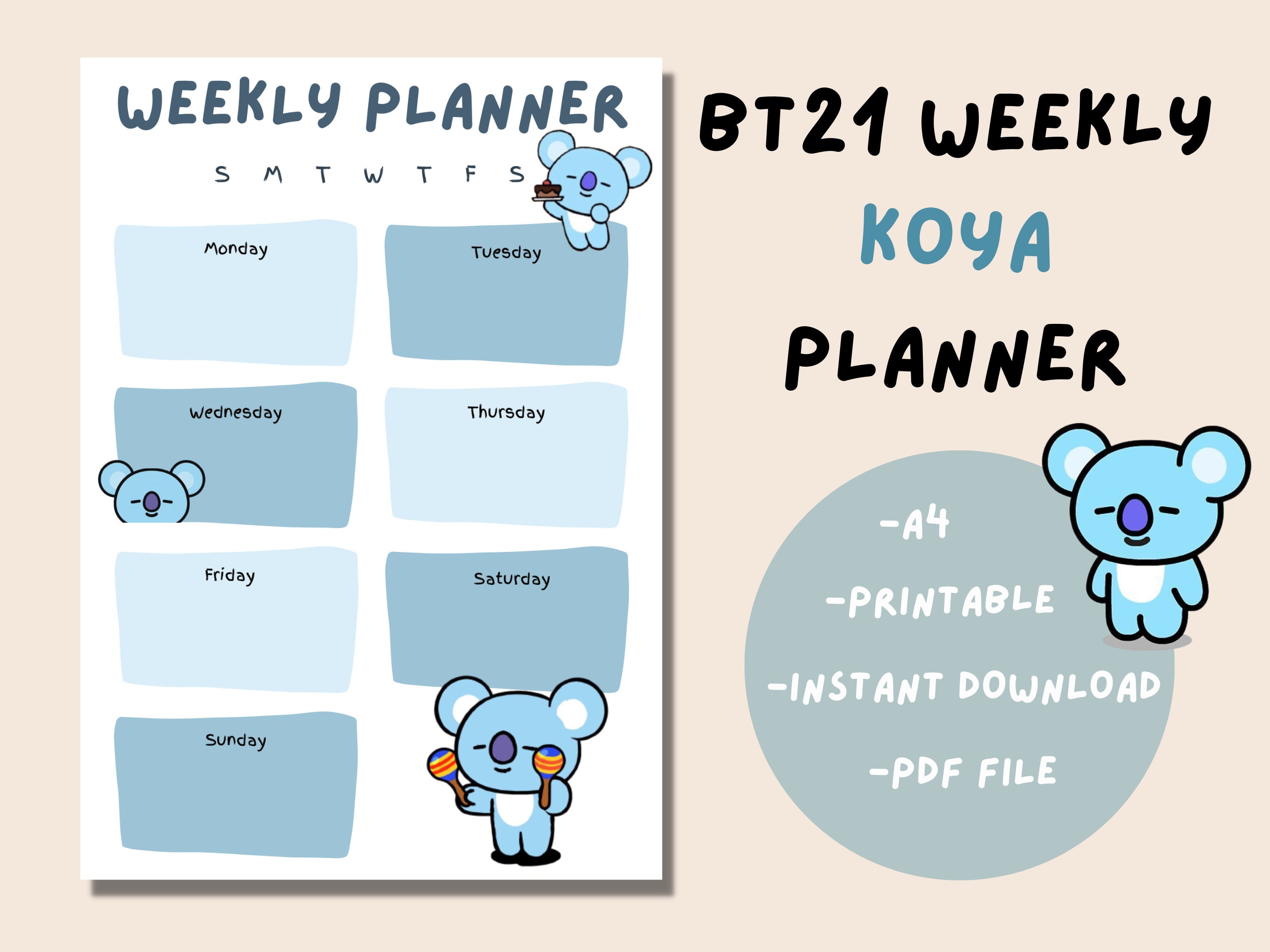 BT21 Weekly Planner Koya BT21 Printable Planner BTS Weekly Planner A4 ...
