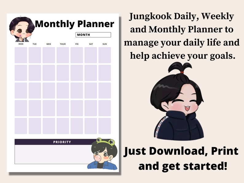 BTS Jungkook Daily, Weekly Monthly Planner BTS Stationary Planner ...