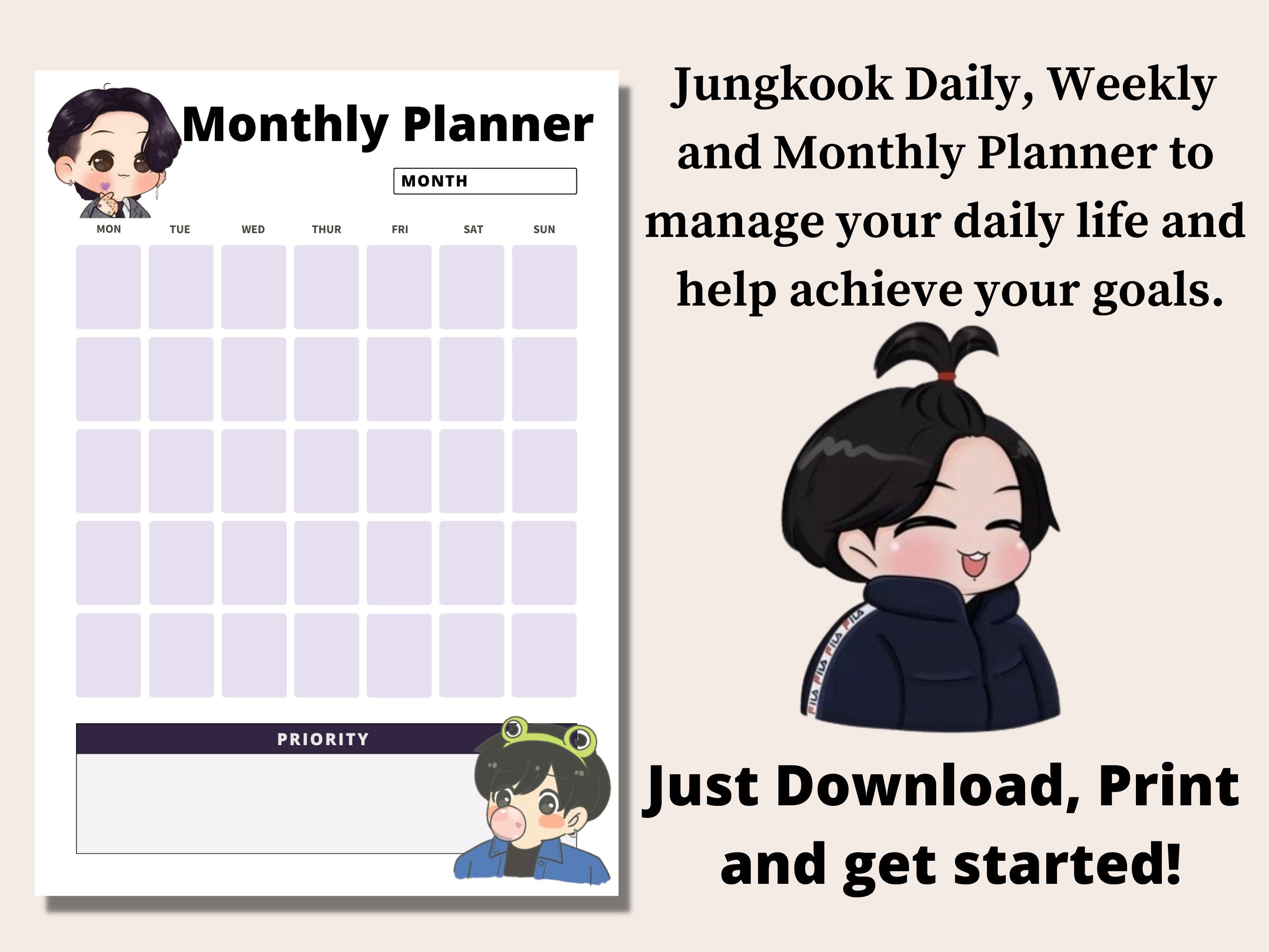 BTS Jungkook Daily, Weekly Monthly Planner BTS Stationary Planner ...