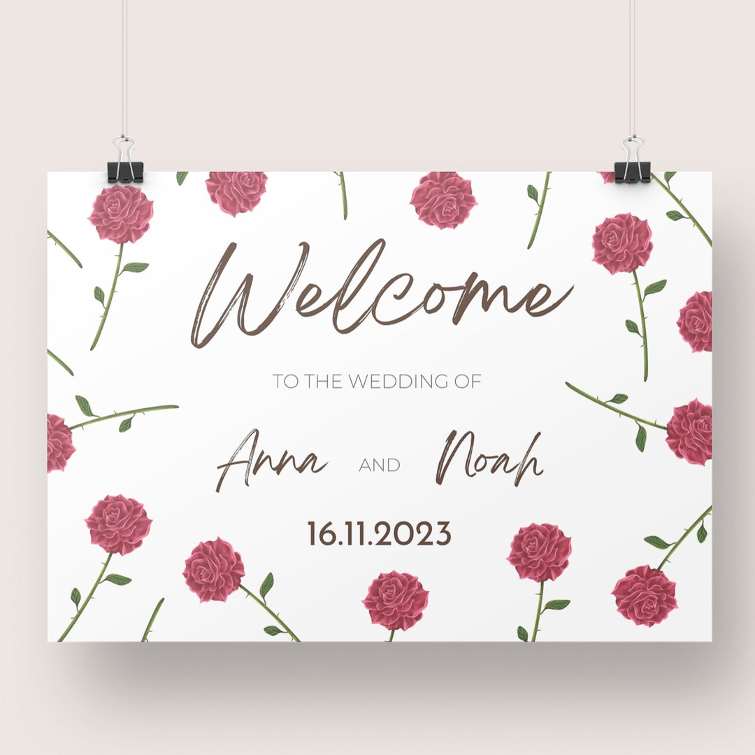 Red Rose Burgundy Wedding WELCOME SIGN Template Welcome to - Etsy