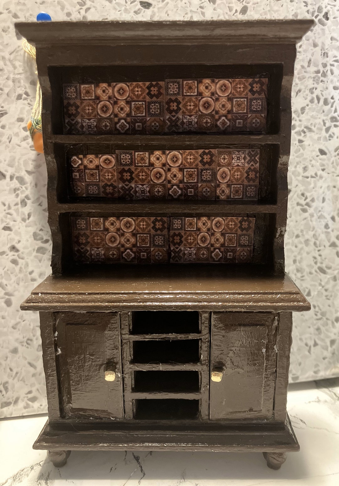 Miniature Cabinet Rustic 1 12 Scale Brown With Tile Backsplash Etsy