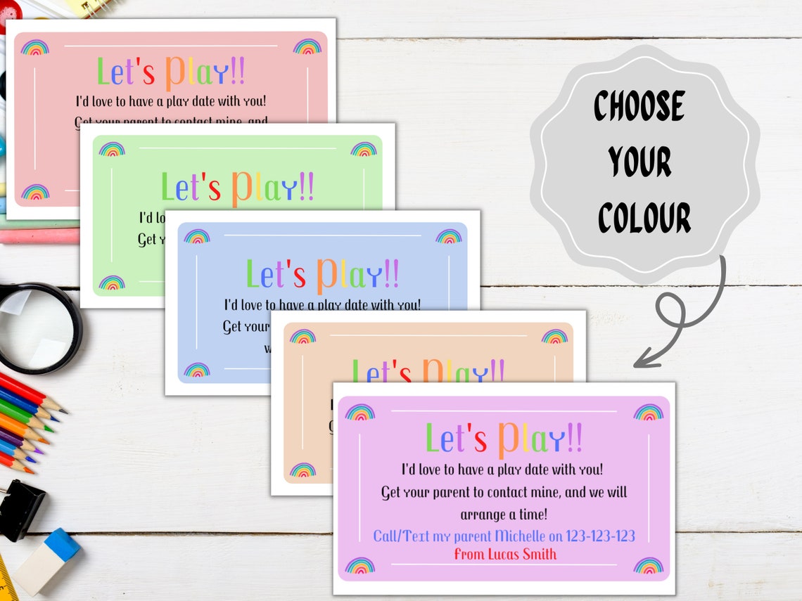 Customised Rainbow Pastel Play Date Cards Digital Download, Play ...