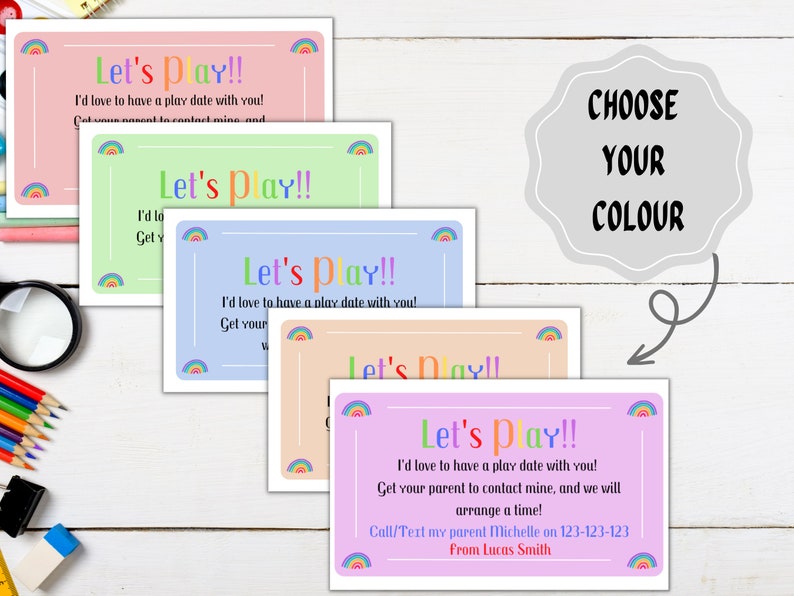 Customised Rainbow Pastel Play Date Cards Digital Download, Play ...