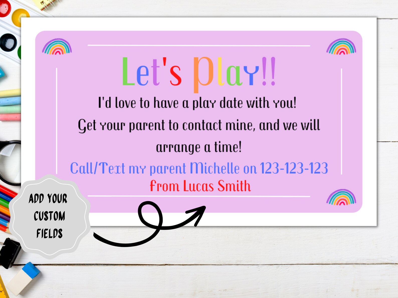 Customised Rainbow Pastel Play Date Cards Digital Download, Play ...