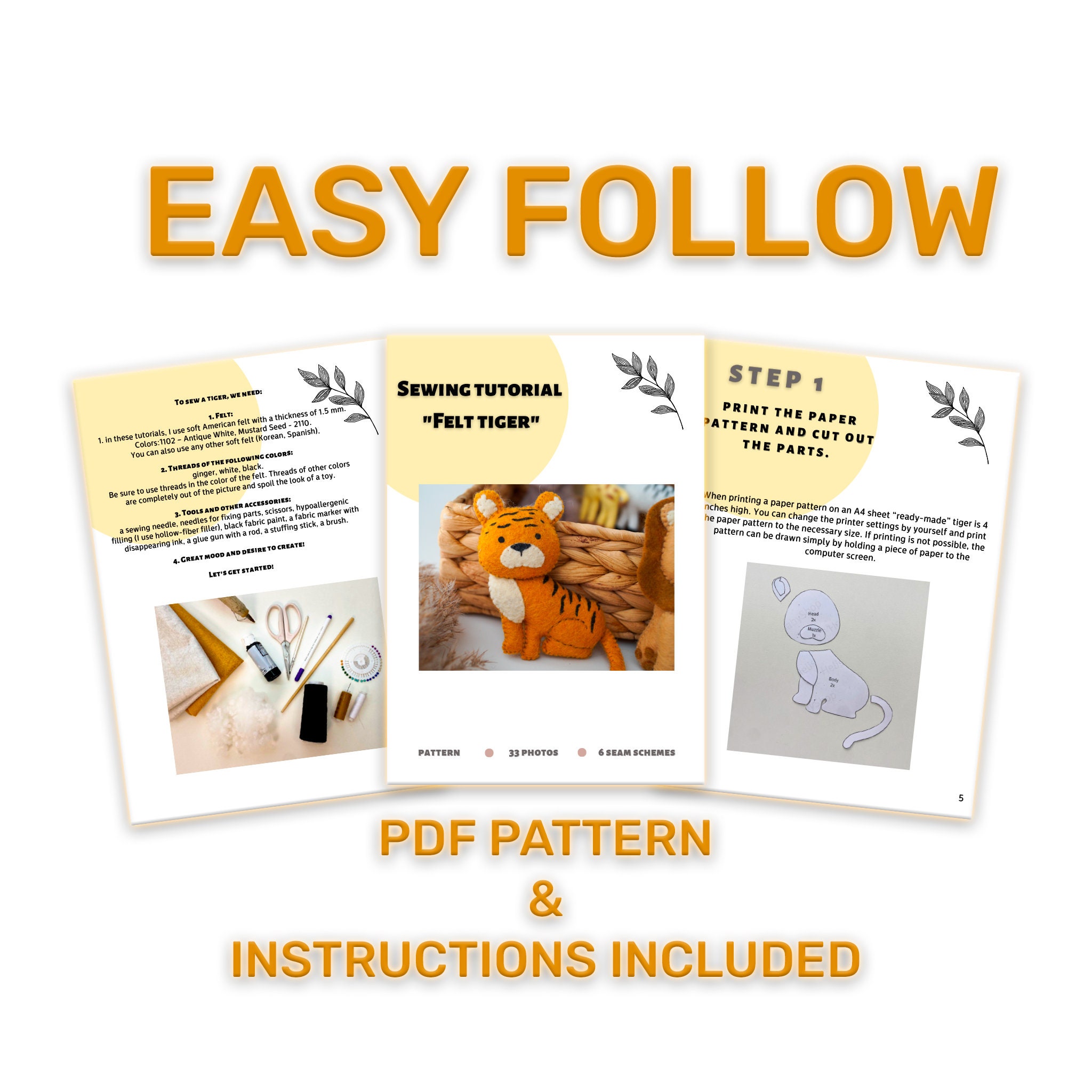 Tiger Sewing Pattern PDF, Safari Felt Animals, Felt Ornaments, Felt ...