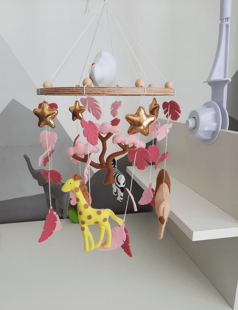Safari Baby Mobile Pink for Girl, Jungle Baby Crib Mobile, Felt Mobile ...
