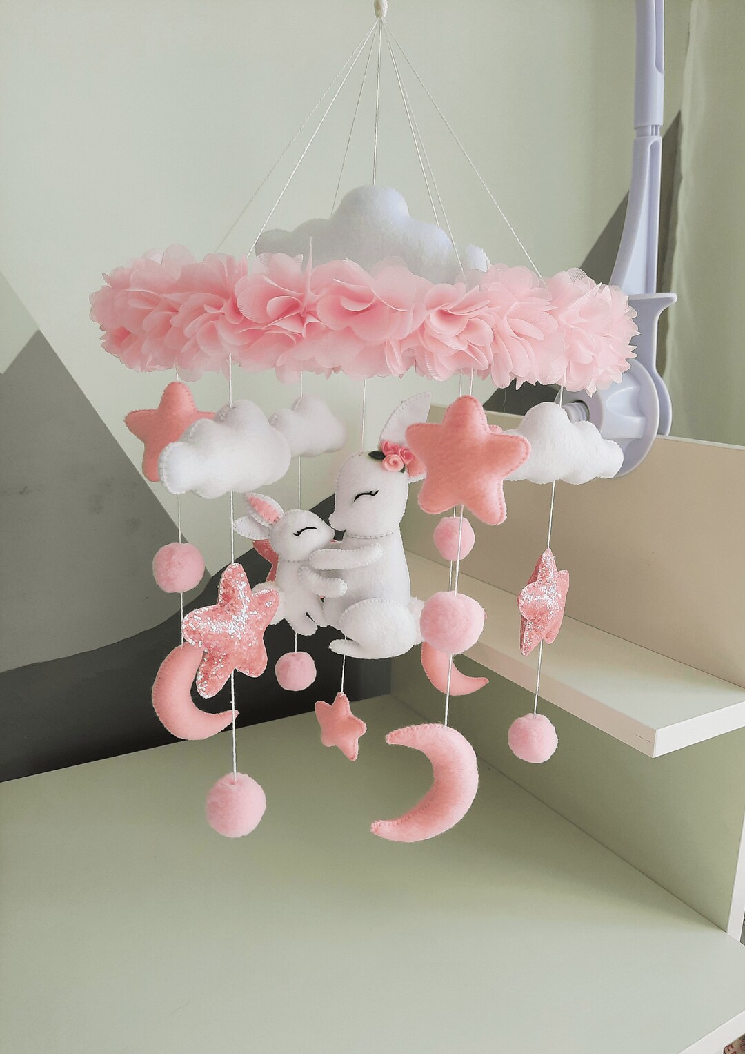 Pink Mobile Nursery With Bunny, Flower Baby Mobile, Floral Crib Mobile ...