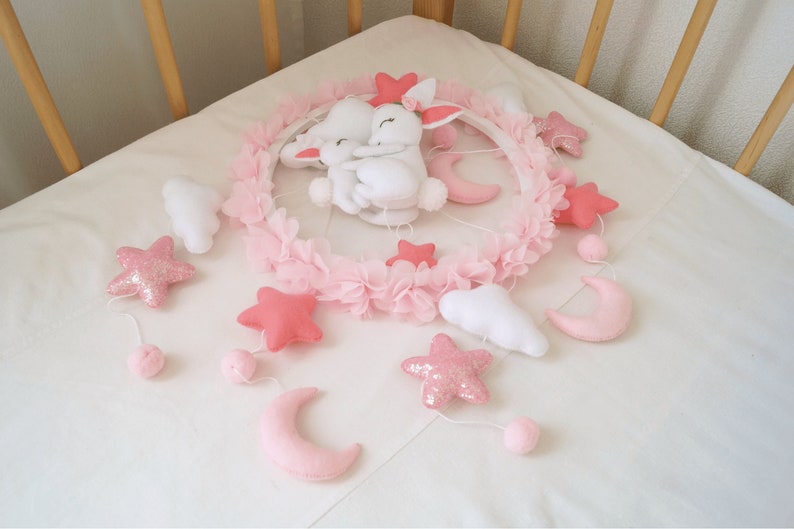 Pink Baby Mobile With Bunny, Flower Mobile Nursery, Floral Crib Mobile ...