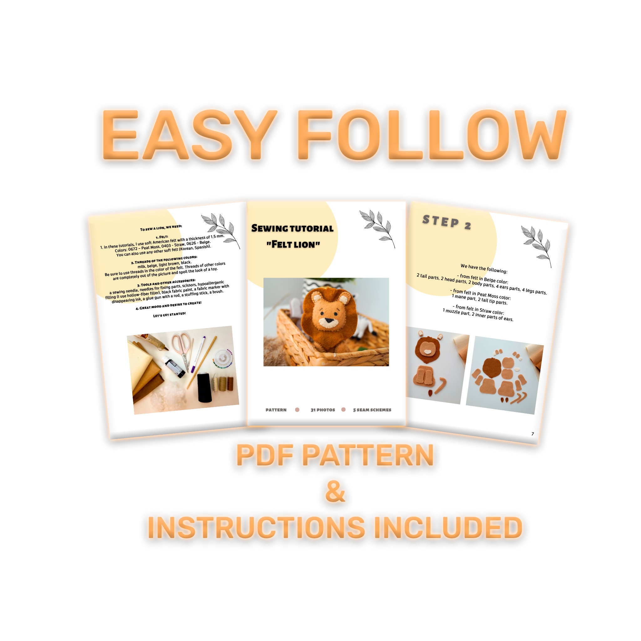 Felt Lion Sewing Pattern PDF, Safari Felt Animals, Baby Mobile Toys ...