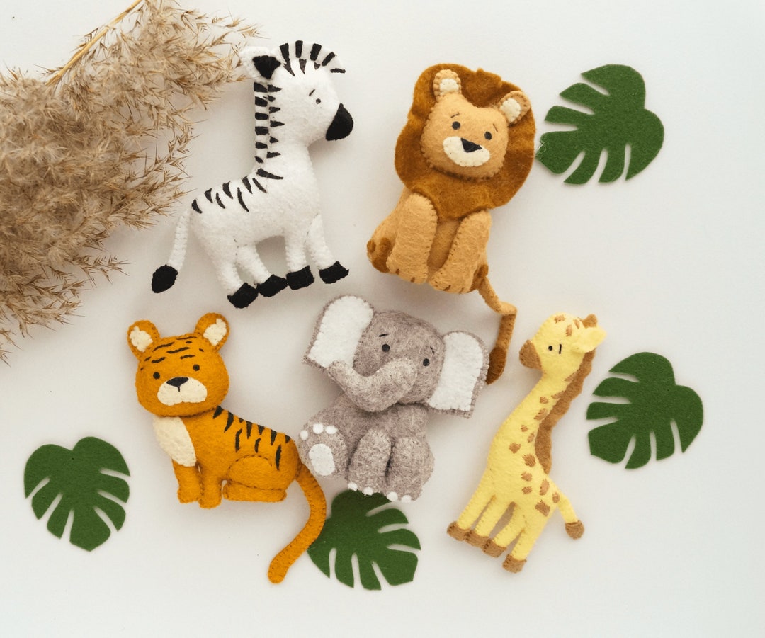 5 Jungle Felt Animals Set, Safari Felt Toys, Lion Zebra Giraffe Tiger ...