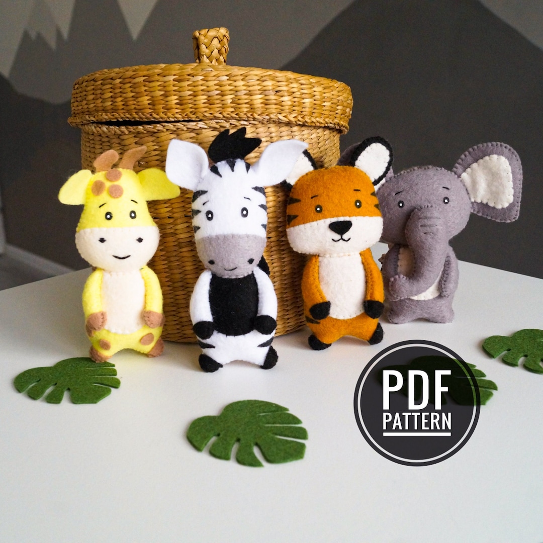 4 Safari Felt Animals Pattern, Felt Toys Tiger Giraffe Elephant Zebra ...