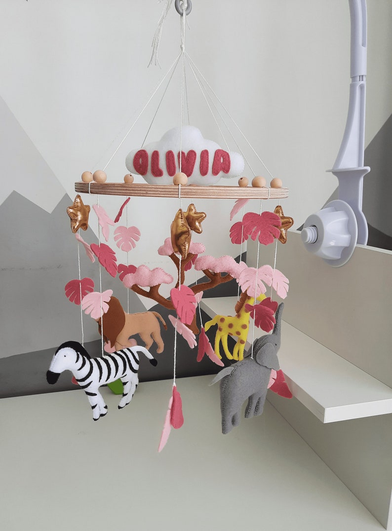 Safari Baby Mobile Pink for Girl, Jungle Baby Crib Mobile, Felt Mobile ...