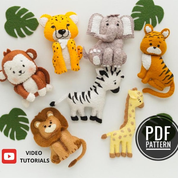 5 Jungle Felt Animals Set, Safari Felt Toys, Lion Zebra Giraffe Tiger ...