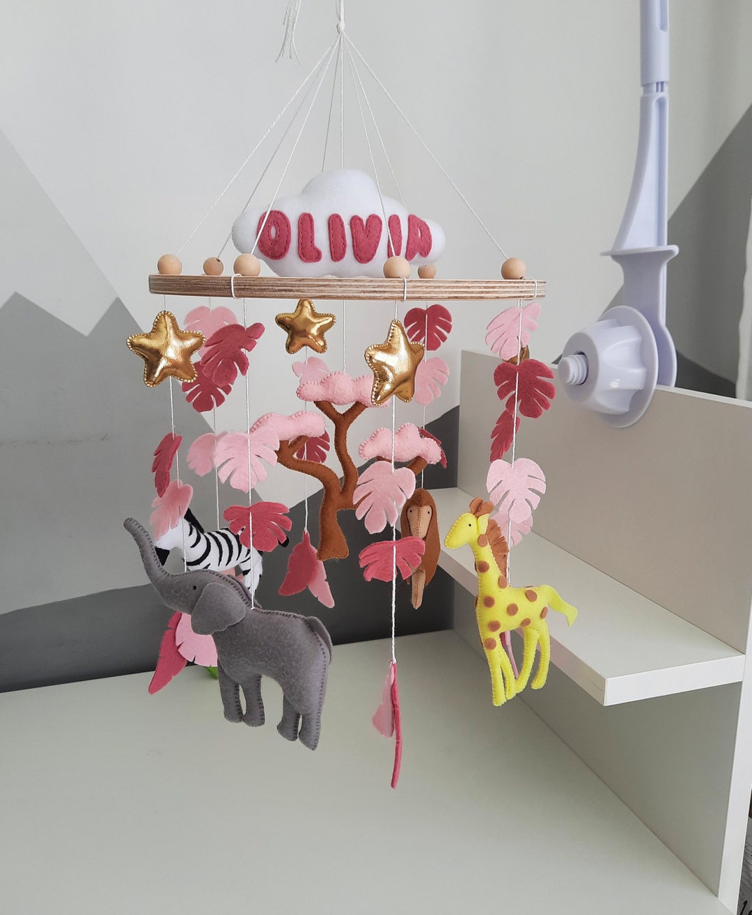 Safari Baby Mobile Pink for Girl, Jungle Baby Crib Mobile, Felt Mobile ...