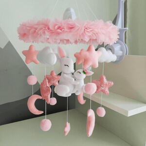 Pink Mobile Nursery With Bunny, Flower Baby Mobile, Floral Crib Mobile ...