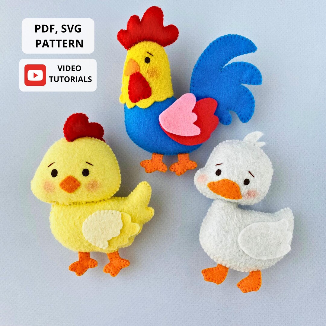Set of 3 Felt Farm Animals Pattern, Felt Chicken Goose Rooster, Stuffed ...