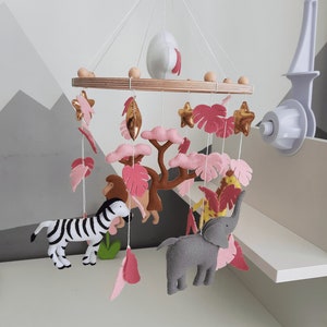 Safari Baby Mobile Pink for Girl, Jungle Baby Crib Mobile, Felt Mobile ...