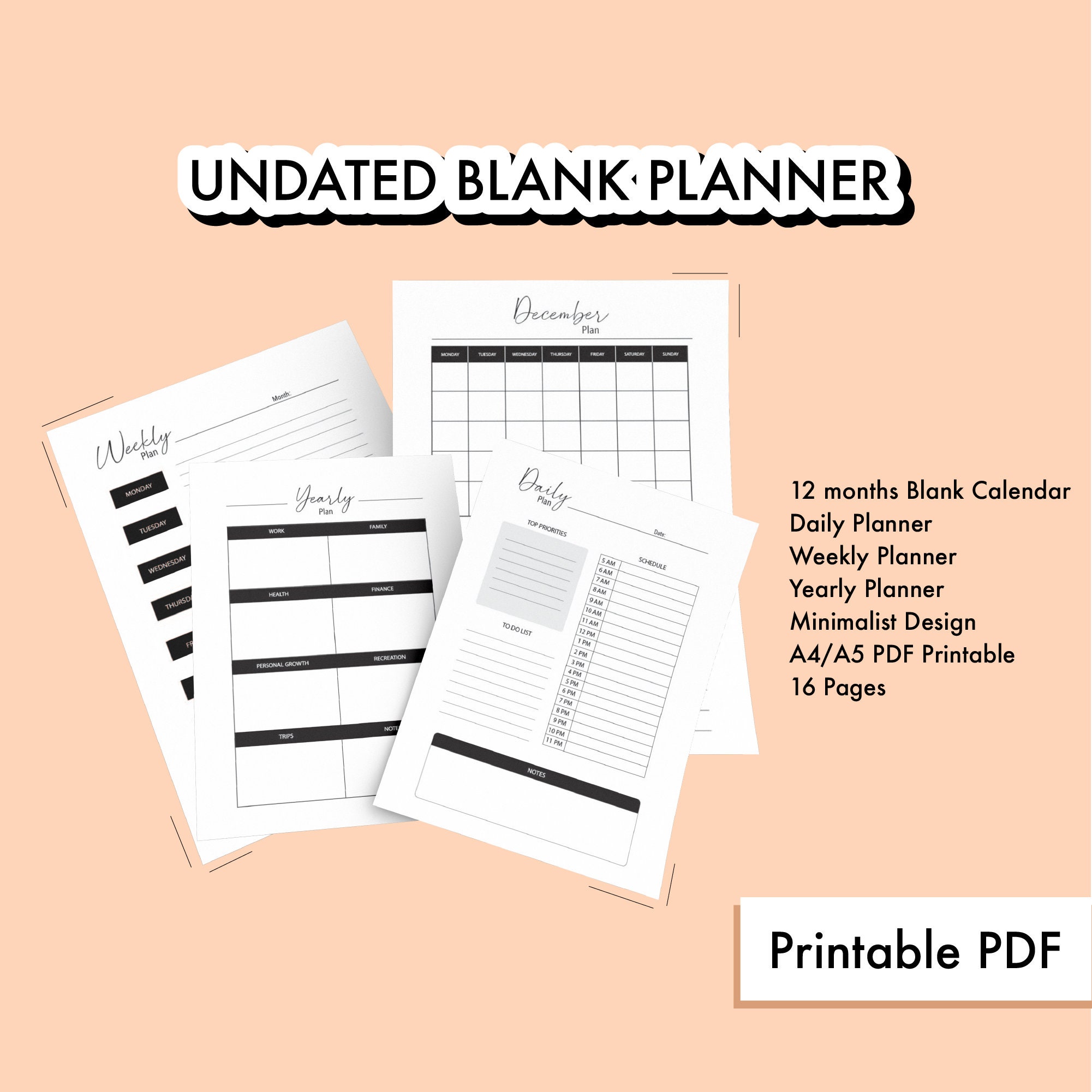 Undated Planner, Minimalist Printable Daily Planner, Printable Weekly ...